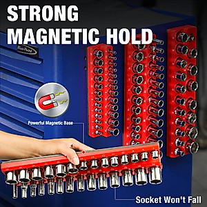 ALOANES 141-Slot Magnetic Socket Organizer, 6PC Socket Holder Kit, 1/2-inch, 3/8-inch, 1/4-inch Drive Socket Tray Holders,for Standard and Deep Metric SAE Sockets, Heavy Duty Organizer(Red&Blue)