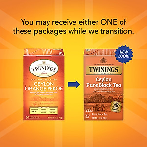 Twinings Ceylon Pure Black Tea - A Crisp, Refreshing Black Tea, Formerly Orange Pekoe, Caffeinated Tea Bags, Individually Wrapped, 20 Count (Pack of 2)
