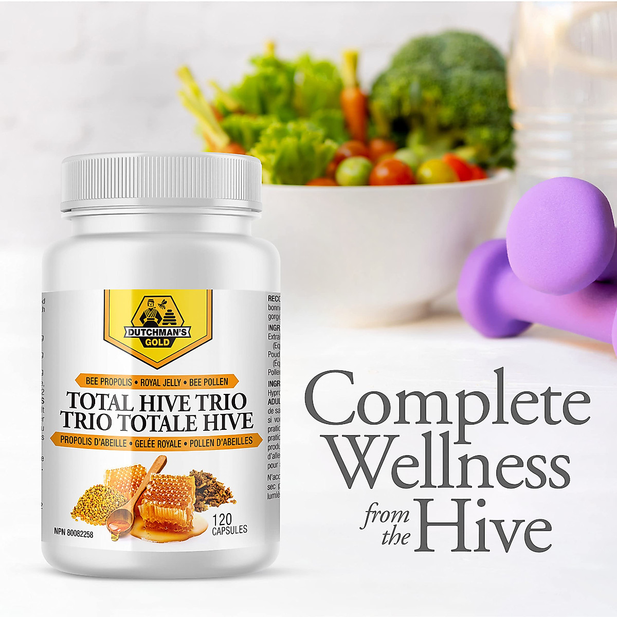 Dutchman's Gold Total Hive Trio Capsules - 120 Veg Caps Approximately 30-60 Servings - Bee Pollen Royal Jelly & Propolis Supplement - Superfoods for Antioxidant Immune Support - Natural Honey Mix