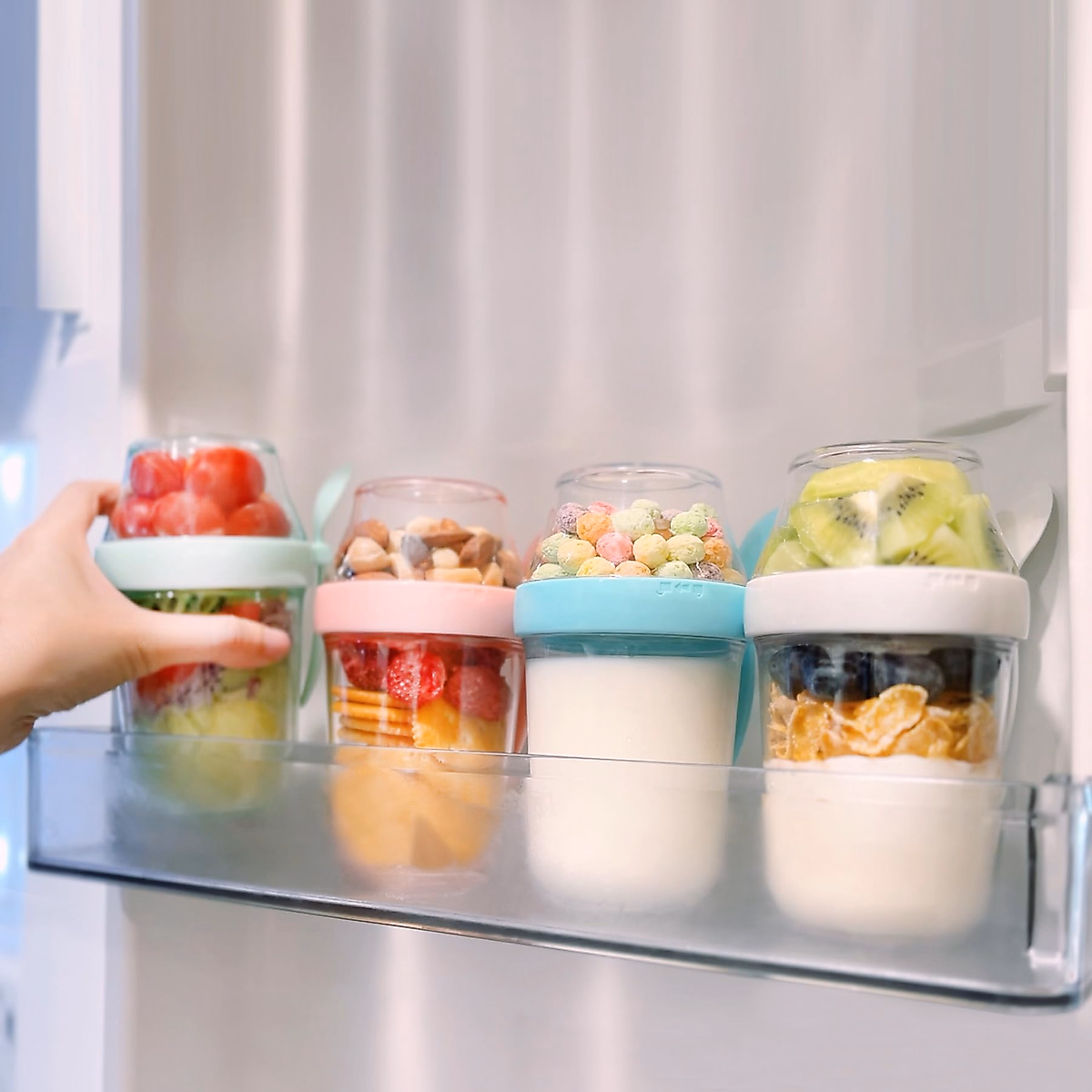 Felli On the Go Yogurt Parfait Snack Cups with Lid, Reusable Acrylic Travel Jars for Chia Pudding, Portion Control Breakfast & Lunch Containers, Small Fridge Food Storage (2, Green)