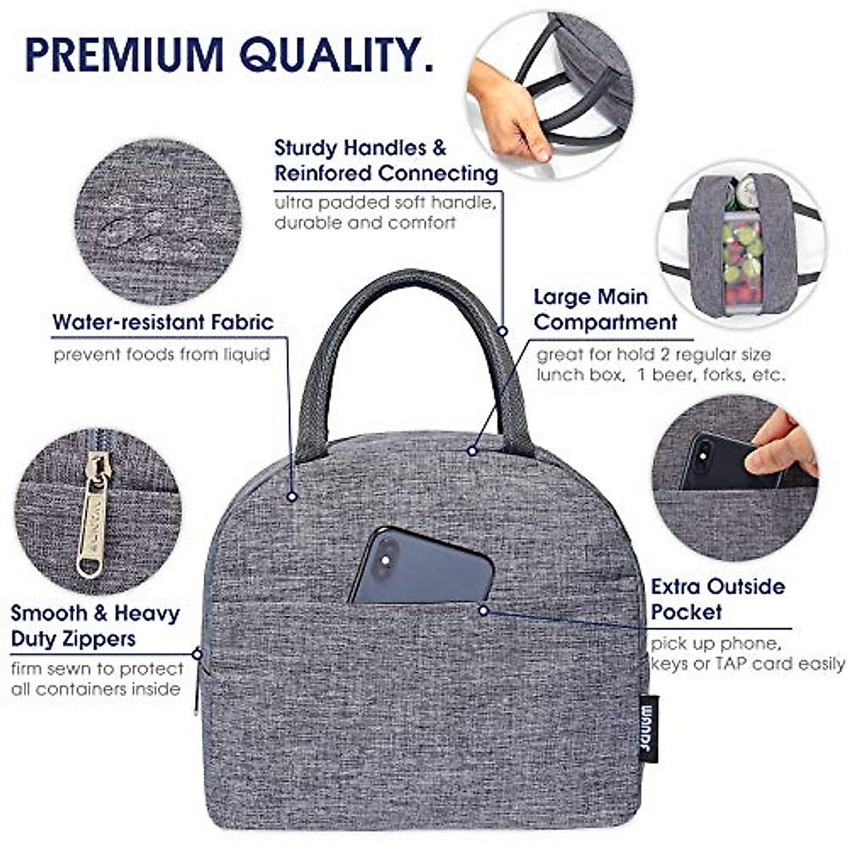 Lunch Bag Reusable Cooler Bag Lunch Box Containers Insulated Lunchbox Tote Bag Water-resistant Leakproof Womens Mens Office Work Beach Hiking Picnic Fishing (Grey with Upgrade Insulated Lining)