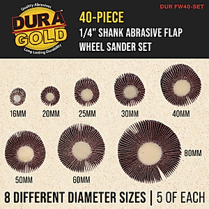 Dura-Gold 40-Piece 1/4" Shank Abrasive Flap Wheel Sander Set, 80 Grit Aluminum Oxide Sandpaper - 8 Cylindrical Diameter Sanding Wheel Sizes - Use Drills, Grinders to Sand Grind Strip Metal, Wood Paint