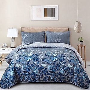 WONGS BEDDING Blue Floral Quilt Set California King, 3 Pieces Botancal Leaves Bedspread Coverlet Set with 2 Pillowcases for All Season, Soft Microfiber Floral Bedding Set 106"×96"