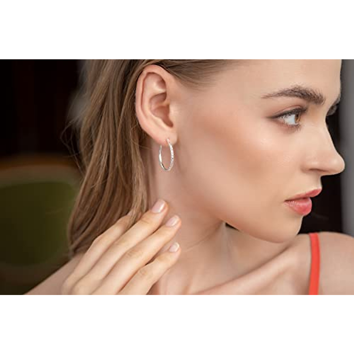 Sterling Silver Hoop Earrings for Women Girls 1 Inch, Diamond-cut Textured Design 2mm wide by 25mm Diameter