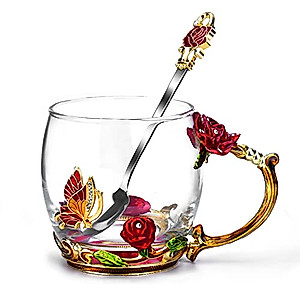OEAGO Gifts for Mom Women Mothers Day Glass Coffee Enamels Mug Best Birthday Butterfly Rose Gifts for Her from Daughter Son Lead-Free Valentines Day Christmas Red Tea Cup with Spoon Set