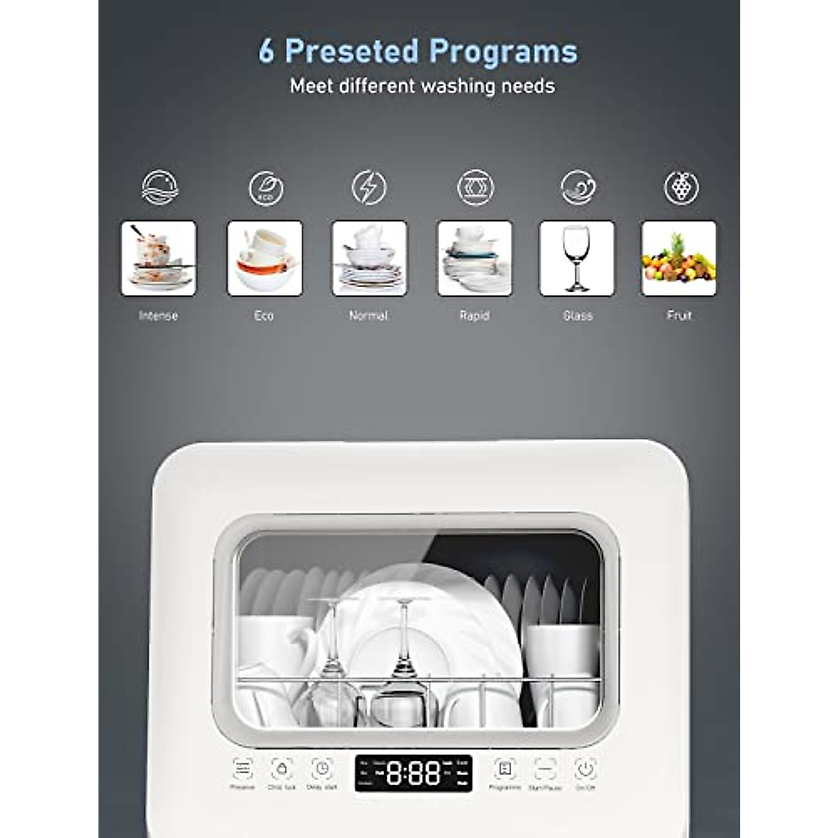 Countertop Dishwasher, Portable Dishwasher with 6L Water Tank & 6 Programs, Mini Dishwasher with 360° Dual Spray & Air-Dry, Water/Power-saving for Apartments & RVs, Accessories included, White…