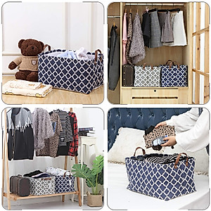 Sea Team Moroccan Lattice Pattern Canvas Fabric Storage Basket Collapsible Geometric Design Storage Bin with Drawstring Cover and PU Leather Handles, 16.5 by 11.8 inches, Waterproof Inner, Dark Blue