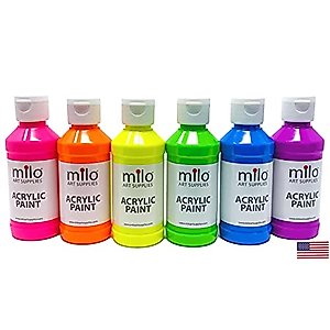 milo Fluorescent Acrylic Paint Set of 6 Colors | 4 oz Bottles | Student Neon Colors Acrylics Painting Pack | Made in the USA | Non-Toxic Art & Craft Paints for Artists, Kids, & Hobby Painters | Glows UV in Black Light