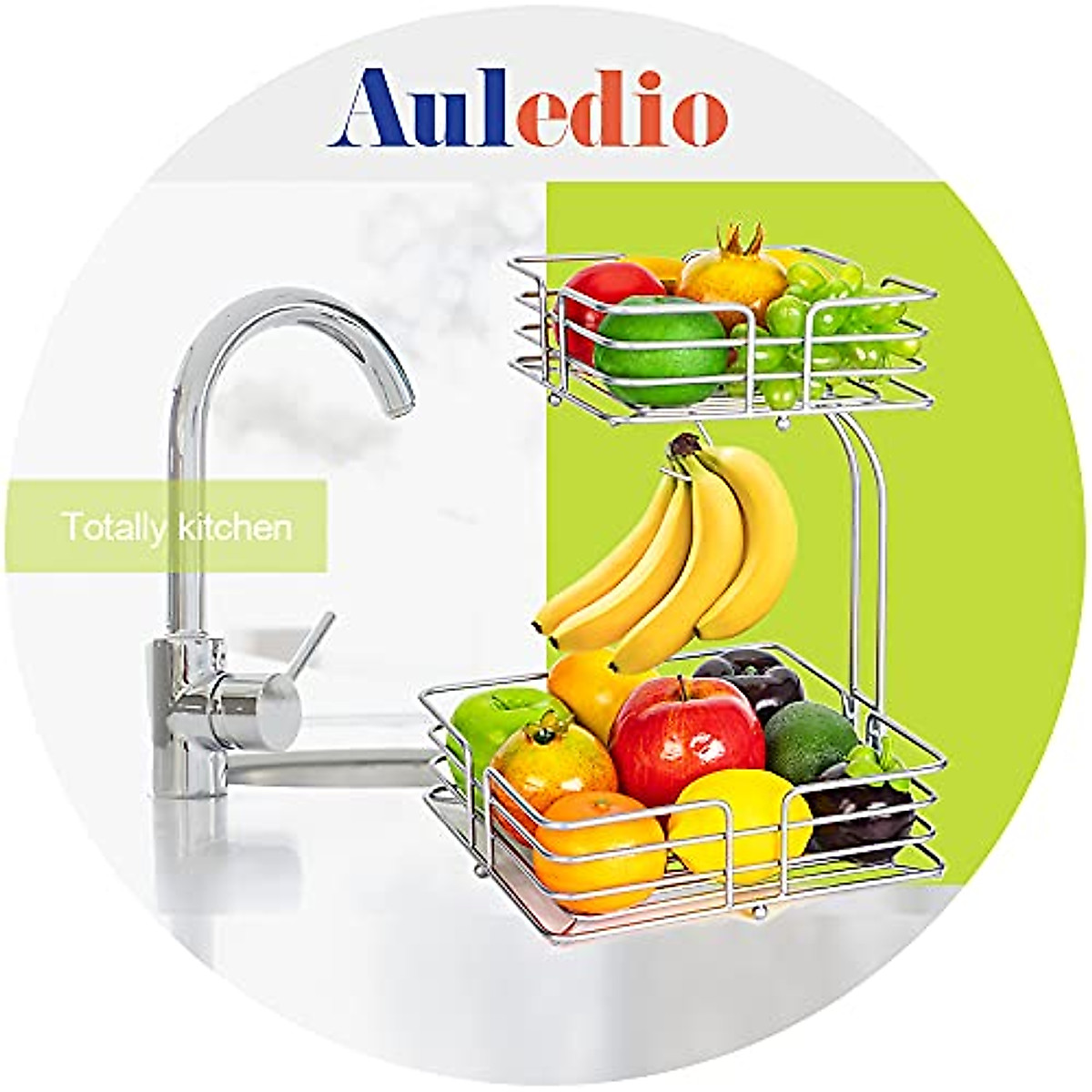Auledio 2-Tier Square Countertop Fruit Vegetables Basket Bowl Storage With Banana Hanger,Sliver