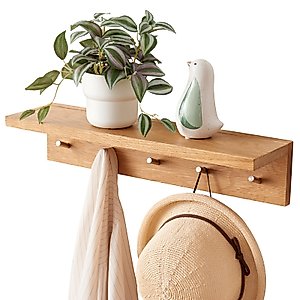 TREOAKWIS Oak Wood Coat Rack Wall Mount with Shelf 20 Inch Long Entryway Wall Shelf with 5 Hooks, Floating Shelf with Hooks Wall Coat Hooks for Bathroom, Hallway, Living Room