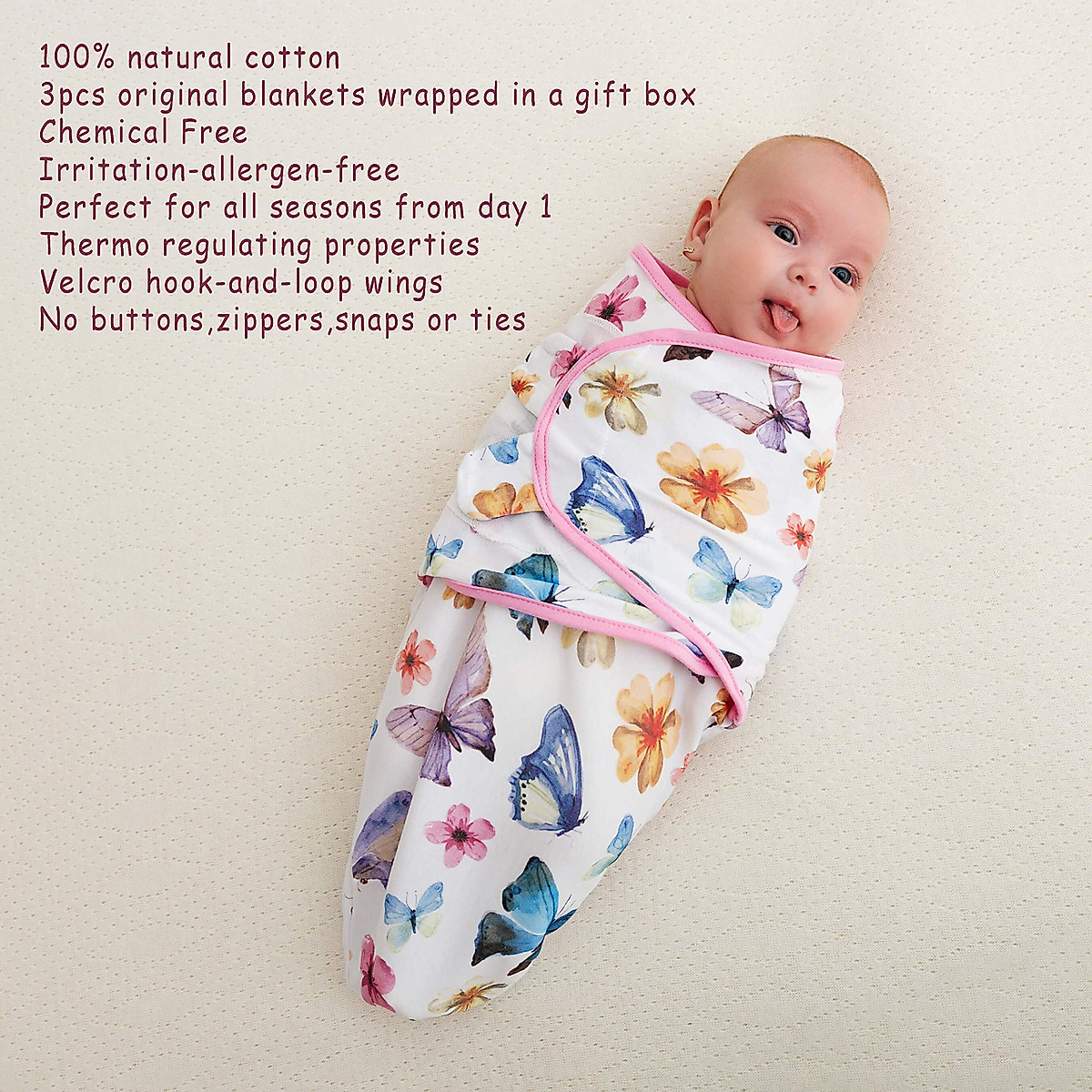 Baby Swaddle Blanket for Newborn Girl, 0-3 Months Small/Medium, 3 pcs Infant Swaddle Sack in a Gift Box, 100% Cotton Adjustable Swaddle Wrap, Pink