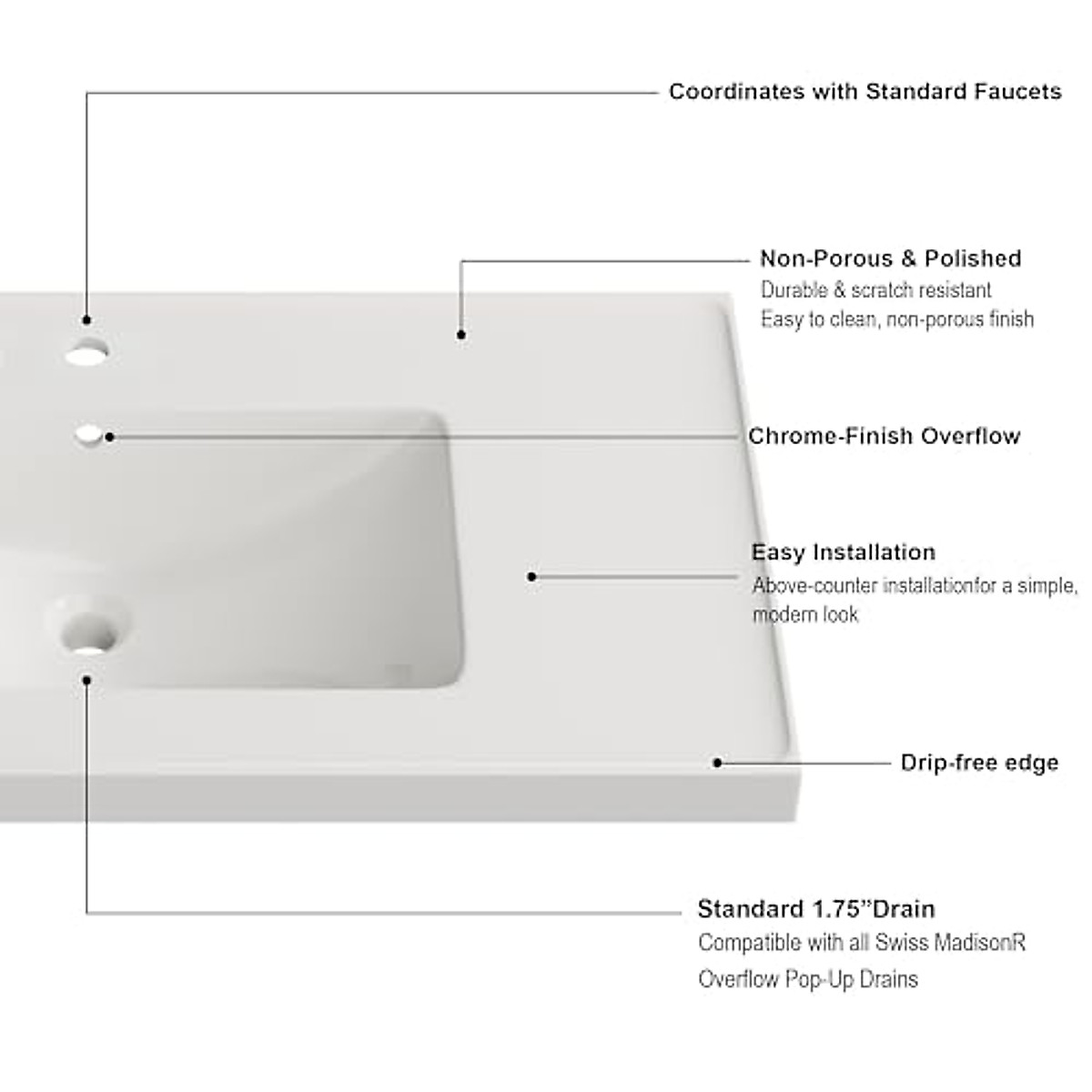 JPND 36" White Bathroom Single Hole Integrated Sink/Countertop, Drop-in Self-Rimming Rectangular Bathroom Vanity Sink Top, 36.38"W x 19.13"D x 7.5"H
