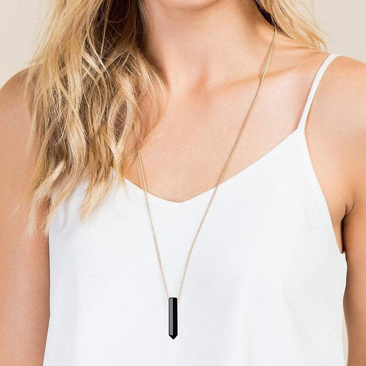 COAI Gemstone Black Obsidian Genuine Stone Hexagonal Pointed Pendant Necklace