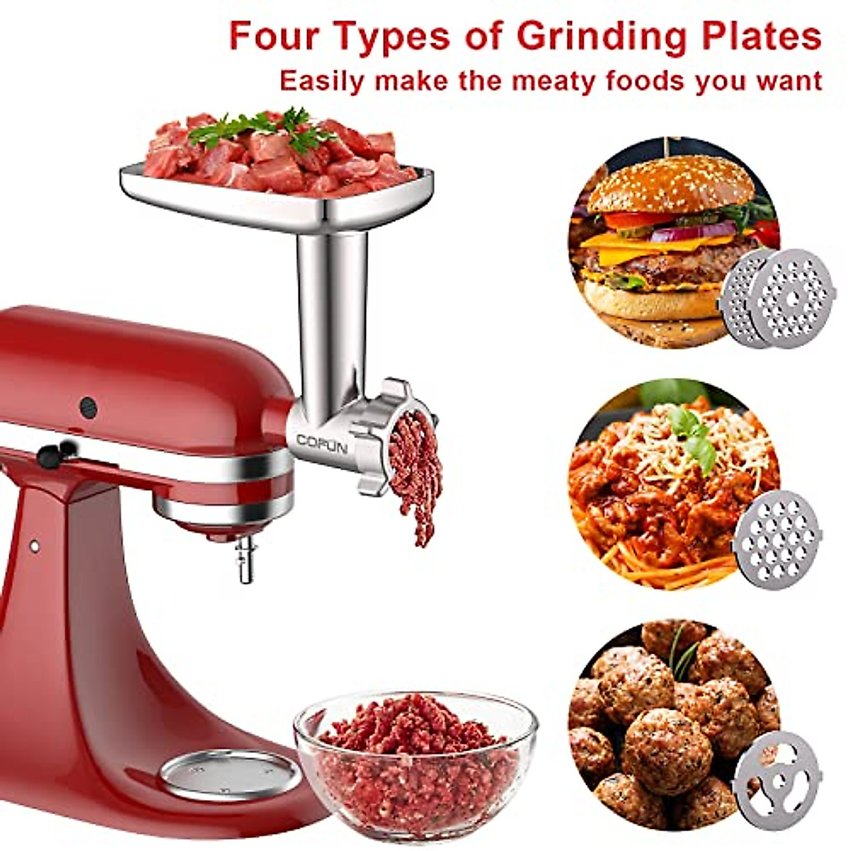 Metal Meat grinder attachment for KitchenAid stand mixers, Meat Grinder Attachment Includes 4 Grinding Plates, 3 Sausage Stuffer Tubes, 2 Grinding Blades, Meat Grinder and Sausage Stuffer by COFUN