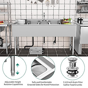 YITAHOME Kitchen Sink 3 Compartment Stainless Steel Sink with Double Drainboard NSF Commercial, Prep & Utility Freestanding Sink for Restaurant, Garage, Utility Sink for Outdoor 60" W x 16" D x 32" H