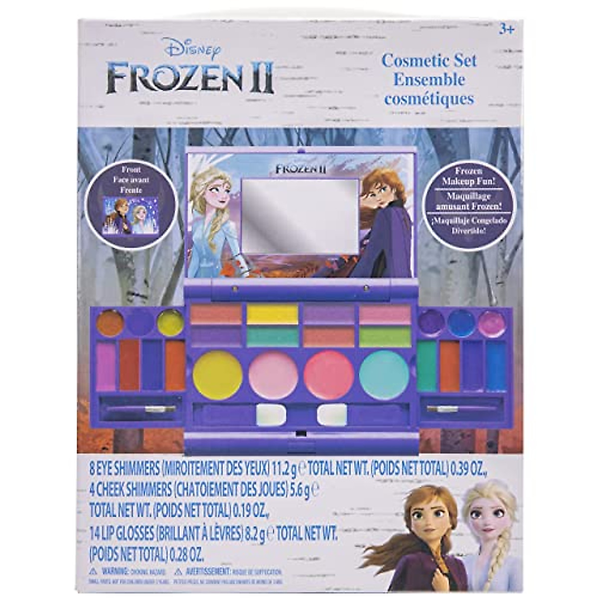 Disney Frozen Elsa Anna Cosmetic Compact Set with Mirror 22 Lip glosses, 4 Body Shines, 6 Brushes Colorful Portable Foldable Washable Makeup Beauty Kit Box Set for Girls Kids Toddler