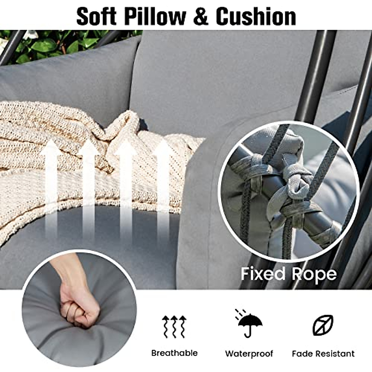 Giantex Egg Chair Hammock Stand - Hanging Swing with Stand, Folding Swinging Chair with Soft Cushion & Pillow, Wicker Rattan Hanging Chair for Bedroom,Garden, Patio Foldable Hammock Chair (Grey)