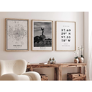 Dear Mapper Wichita United States View Abstract Road Modern Map Art Minimalist Painting Black and White Canvas Line Art Print Poster Art Line Paintings Home Decor (Set of 3 Unframed) (16x24inch)