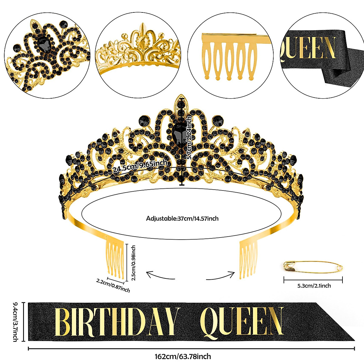 Black Birthday Celebration Set: Sash, Tiara, Headband, and Gold-Accented Decorations for Women