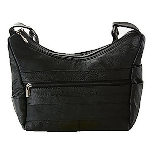 Marshal Women's Genuine Leather Purse Adjustable Strap Mid Size Multi Pocket Shoulder Bag (Black)