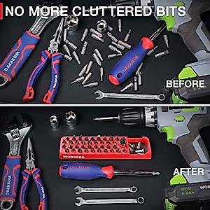 WORKPRO Magnetic Hex Bit Organizer, 39 Hole Screwdriver Drill Bit Holder Tray with Strong Magnetic Base, Accessories Storage Grid, for 1/4 Inch Hex Bit & Drive Bit Adapter, Red (Bits Not Included)