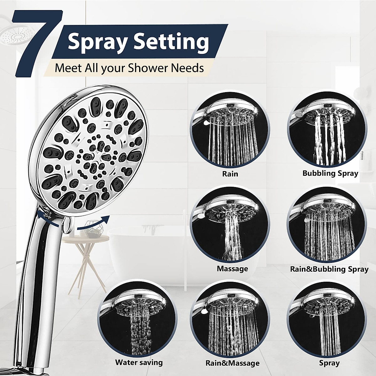 UCLIMAA Rainfall 8 Inch Round Shower Head with High Pressure Handheld Spray Combo, Drill-Free Slide Bar with Adjustable Shower Extension Arm, 3-Way Low Diverter for Easy Reach, 5Ft Hose- Chrome