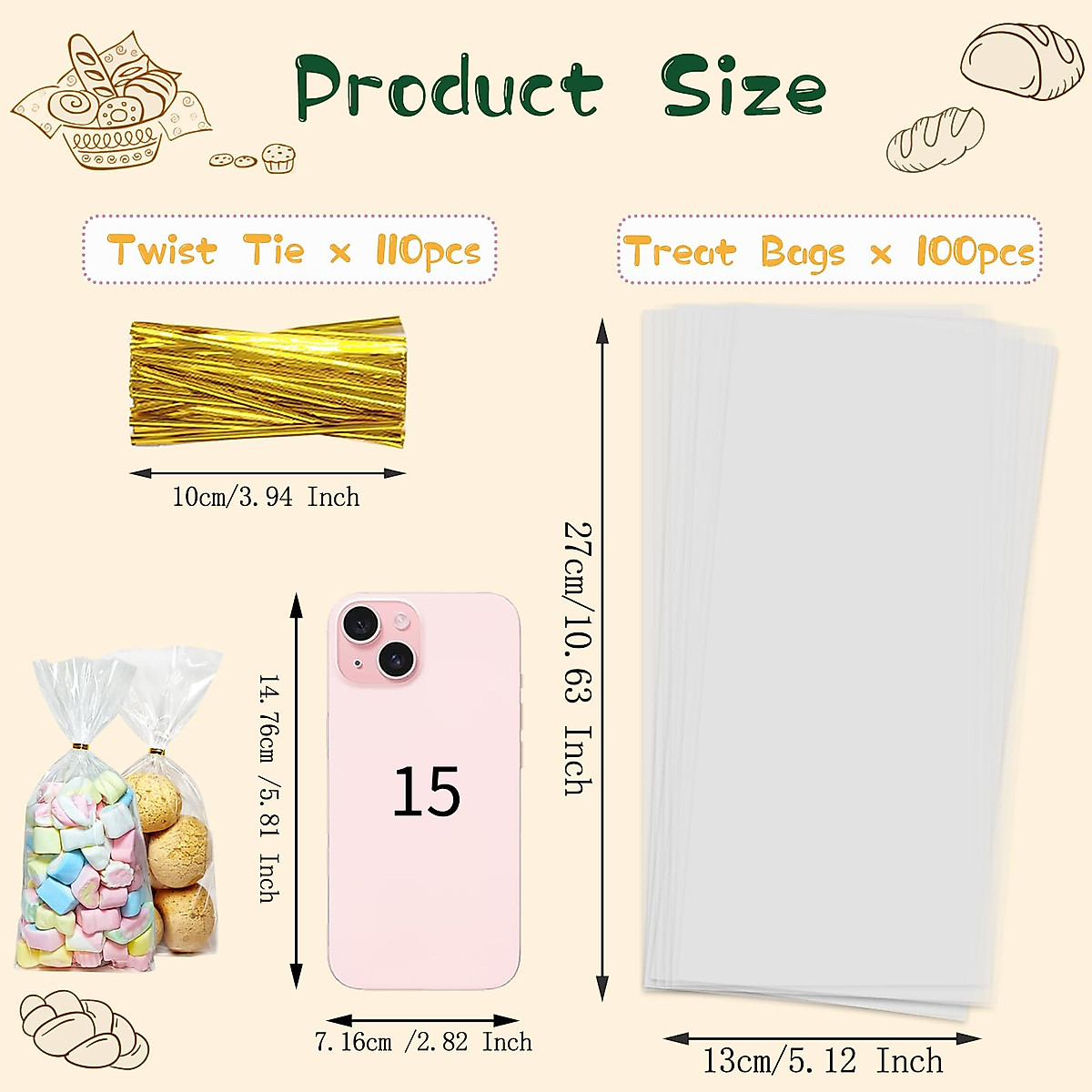 QOIUSO 100pcs Cellophane Treat Bags: 5 x11 Inch Clear Cellophane Bags for Candy Snacks Cookies Holiday Gift Wrapping - Plastic Goodie Bags with 110 Twist Ties for Christmas New Year Party Favors