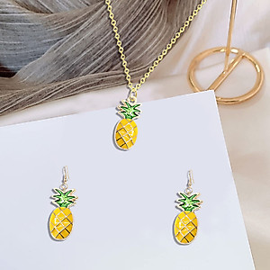 Tropical 2pcs Yellow Ruit Green Leaf Pineapple Earings Pendant Necklace Suit for Women Fashion Dangle Earings Jewellery (Pineapple Earring Necklace Set 1)