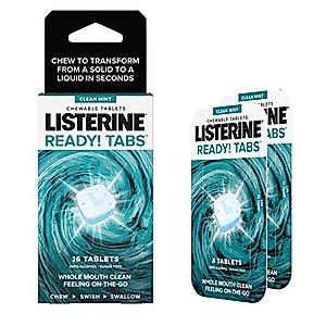 Listerine Ready! Tabs Chewable Mint Tablets with Clean Mint Flavor, Revolutionary 4-Hour Fresh Breath Tablets to Help Fight Bad Breath On-The-Go, Sugar-Free, Alcohol-Free & Kosher, 16 Count