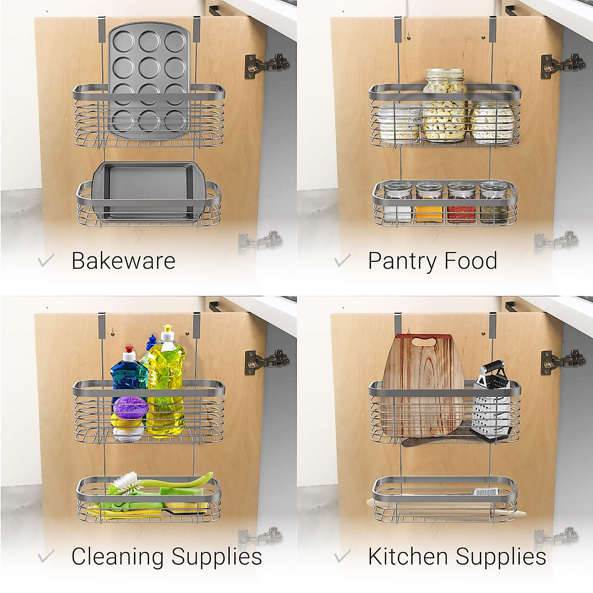 BZ Products Lilimpact Metal Over the Cabinet Kitchen Storage Organizer Basket for Kitchen Pantry- Large, Black (Chrome)