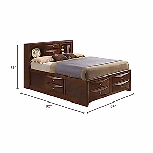 HomeStock Beachy Boho Low-Profile Storage Bed - Cherry Finish with Dovetailed Drawers and Open Shelves for Stylish Bedroom Organization Queen