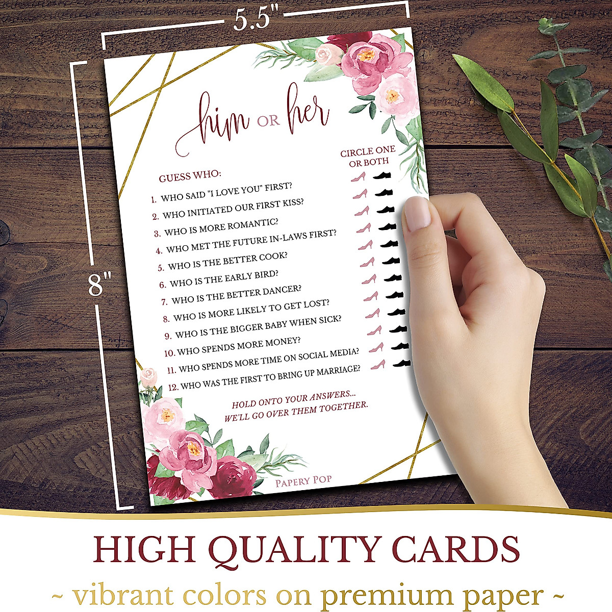 Papery Pop Bridal Shower Games - 5 Activities for 50 Guests - Double Sided Games - Rose Gold