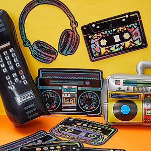 26 Pieces 80s 90s decorations Inflatable Radio Boombox Inflatable Mobile Phone Gold Inflatable Foil Chain Balloons 80s 90s Props Retro Cassette Headphones Player Cutouts for Hip Hop Party Decoration