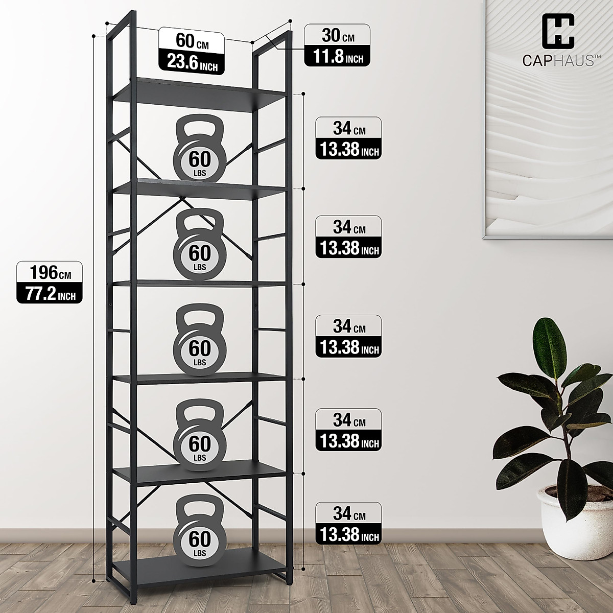 CAPHAUS 6 Tier Bookshelf, 24 Inch Width Free Standing Shelf, Bookcase Shelf Storage Organizer, Industrial Book Shelves for Home Office, Living Room, Kitchen, Black Shelves & Metal Frame