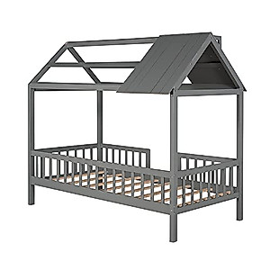 Merax House Bed Frames for Boys and Girls,Wood Twin Bed Frame House-Shaped Bed Platform Bed Frame with Roof Windows and Full-Length Safety Rails, Twin Size