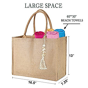 BeeGreen Beach Bag for Women Jute Gift Tote Bag w Inner Zipper Pocket & Cotton Handles Large BurlapTote Bag w White Tassel & Shells Accessories for Vacation Bridemaid Shopping Bag for DIY Decorating