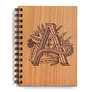 Floral Monogram A Wood Journal - Other Letters Available [Notebook, Sketchbook, Spiral Bound, Blank Pages]