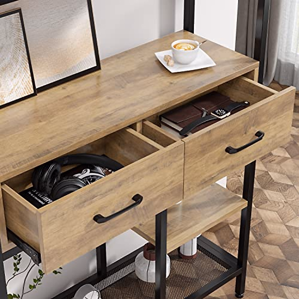 HITHOS Bookshelf, Tall Bookcase with 2 Drawers and Storage Shelves, Industrial Etagere Bookcase Book Shelves for Office, Living Room, Rustic Brown