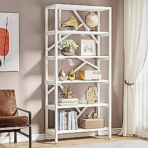 Tribesigns 71 Inch Industrial Bookshelf, 6 Shelf Etagere Bookcase, Freestanding Open Book Shelves Storage Display Shelf, Wood Shelving Units Organizer Rack for Home Office Living Room, White