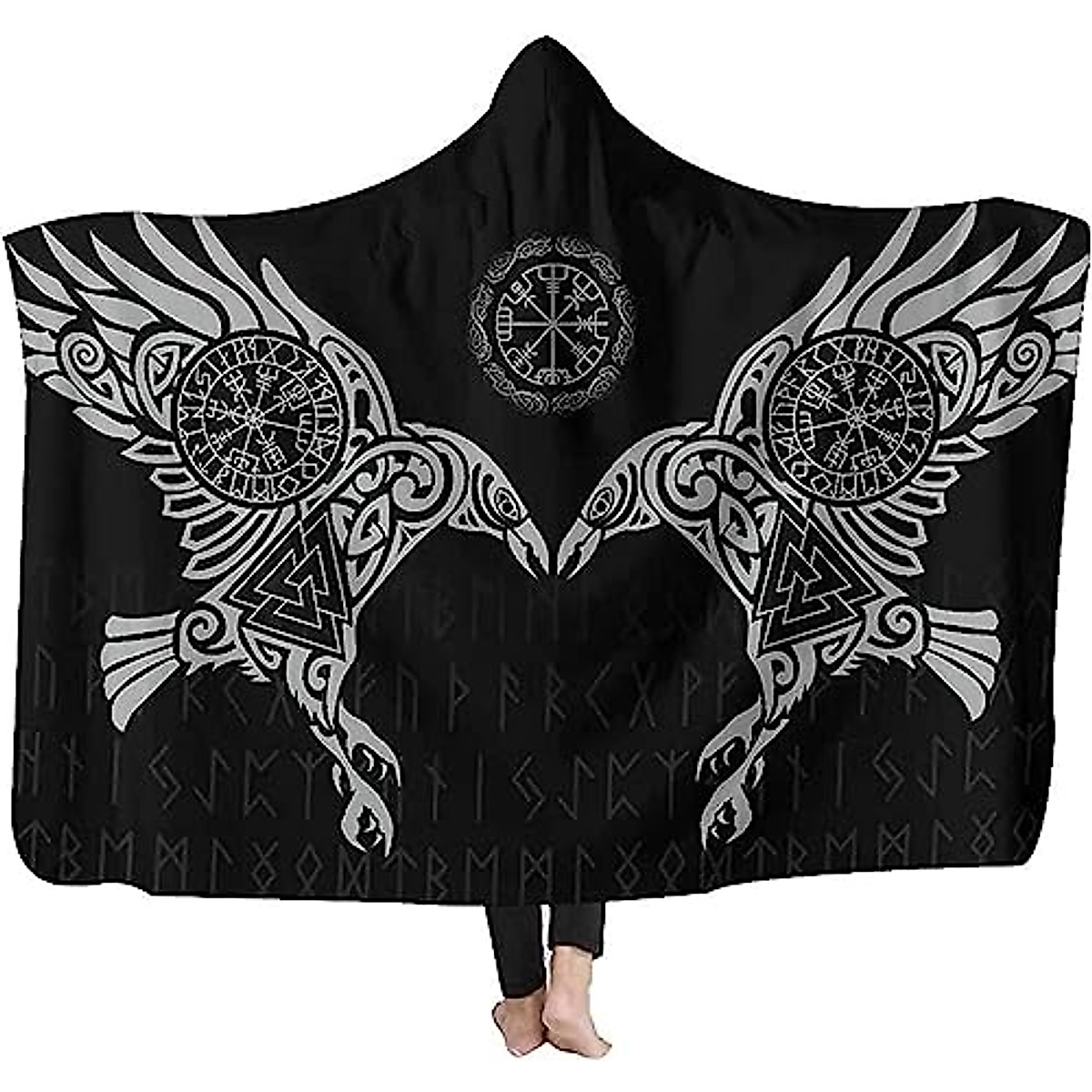 BURNAR Viking 3D Printed Hooded Blanket Warm Soft Viking Raven Celtic Runes Unisex Winter Wearable Hooded Blanket Double Thick Plush Fleece Blanket Cape (Color : Blanket, Size : 50x60in/130x150cm)