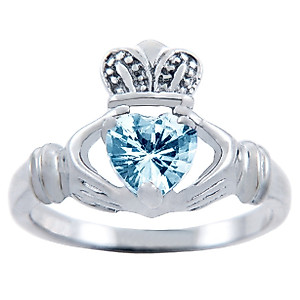 Personalized Sterling Silver Solitaire March Birthstone CZ Heart Irish Claddagh Ring (Size 7)