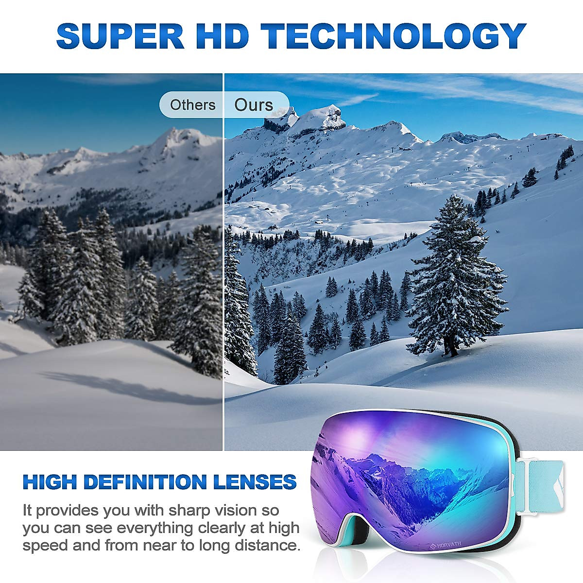 SH HORVATH HD Ski Snowboard Goggles, Magnetic HD Mirrored Lens for Men Women