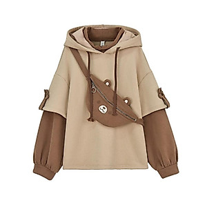 Kawaii Pullover Sweatshirts for Women Cute Bear Long Sleeve Hoodie Aesthetic Tops Cottagecore Clothes (No Fleece,XL=US M)