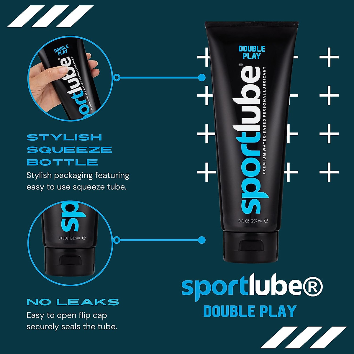 Sportlube Double Play Premium Water-Based Personal Lubricant 8oz Tube - Intimate Sex Lube for Men, Women, & Couples - Natural Feel, Silky Smooth, Non-Staining