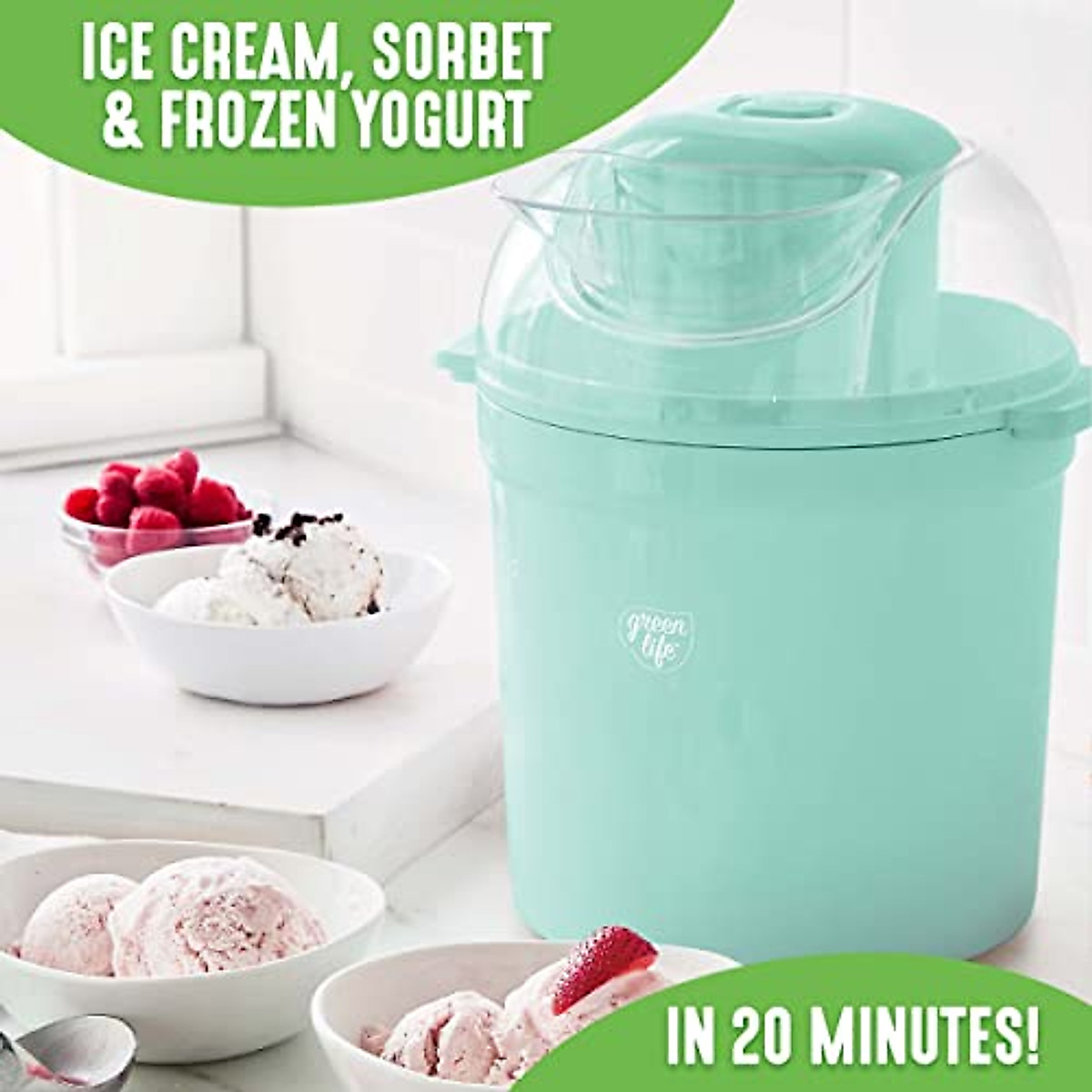 GreenLife 1.5QT Electric Ice Cream, Frozen Yogurt and Sorbet Maker with Mixing Paddle, Dishwasher Safe Parts, Easy one Switch, BPA-Free, Turquoise
