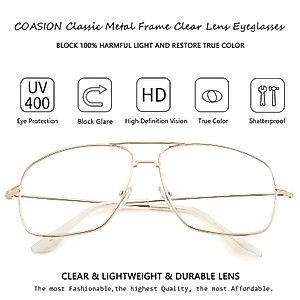 COASION Classic Non-prescription Clear Lens Eyeglasses Metal Frame Eyewear for Women Men (Gold)
