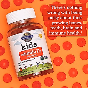Garden of Life Kids Organic Vitamin D3 Gummies with 800 IU (100% Daily Value) for Strong Bones, Teeth, Brain & Immunity – Non-GMO, No Gluten, Vegetarian, Sugar Free, Orange Flavor, 60 Servings