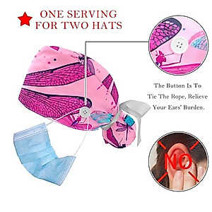 2-Pc Scrub Hats Women Bouffant Hats,Work Hat with Buttons and Cotton Sweatband,Pink Dragonfly Cartoon
