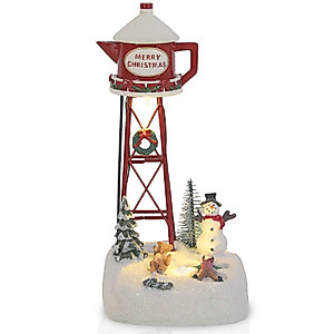 innodept12 New Christmas Village Watertower Lighted Accessories Decorations with Snowman, Dog and Boy Playing on The Ground