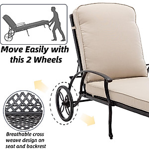 Luccalily Chaise Lounge Outdoor Chair with Side Table, Adjustable Reclining Rust-Resistant Aluminum Cast Poolside Chaise with Convenient Wheels, Outdoor Lounge Furniture Set of 3, (Beige)